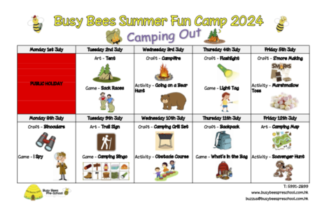 Camper Bees Summer Fun Camp Schedule - Busy Bees Pre-School